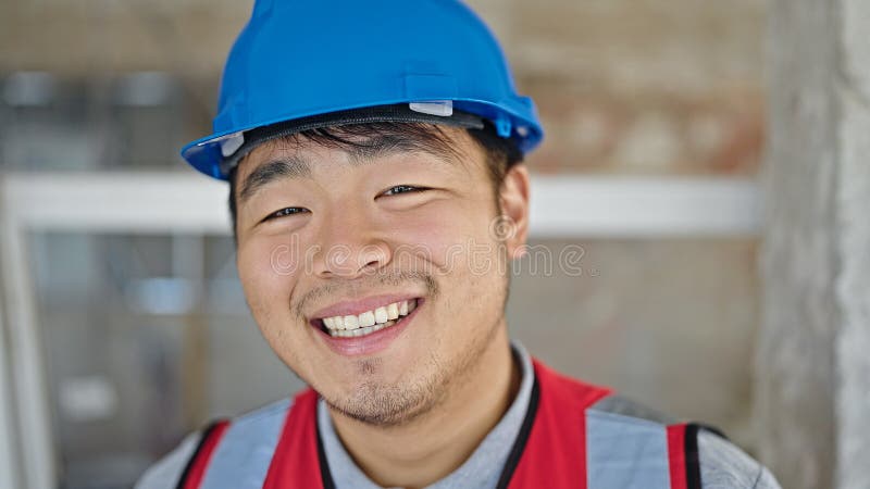 Builder Smiling Confident Standing at Construction Site Stock Image ...
