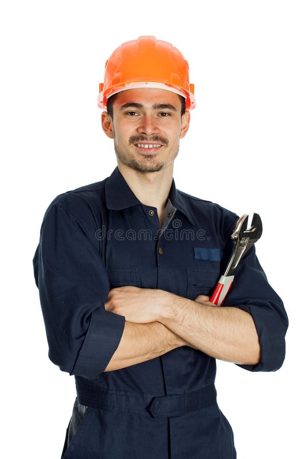 Builder with Spanner Isolated on White Background Stock Photo - Image ...
