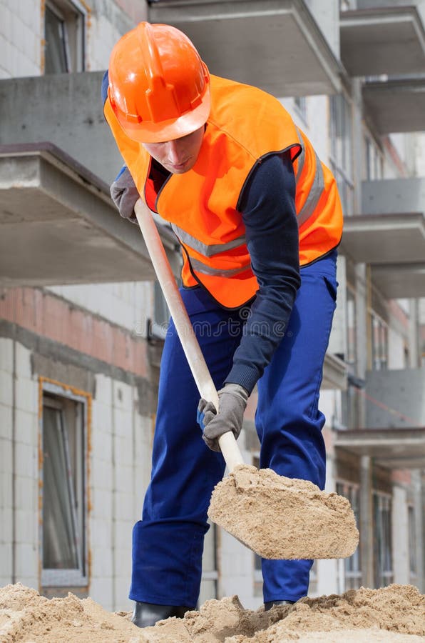 Builder Spanning Sand with Spade Stock Photo - Image of inspection ...
