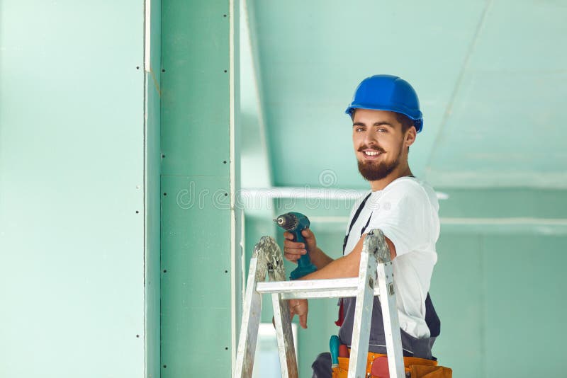 Builder Standing Ladder Installs Drywall Construction Site Stock Photos ...