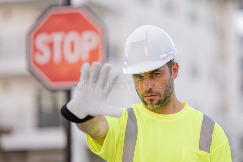 Builder with Stop Road Sign. Builder with Stop Gesture, No Hand ...