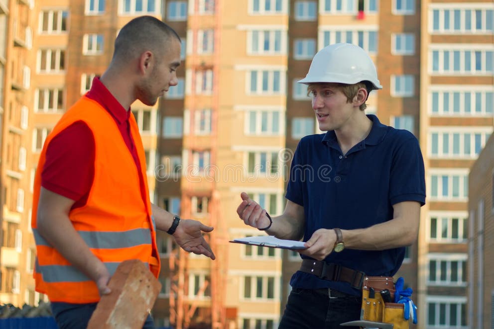 Builder in Stress and Constructor Foreman Worker with Helmet and Vest ...