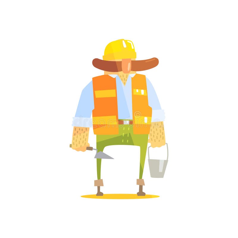 Builder with Trowel and Bucket on Construction Site Stock Vector ...