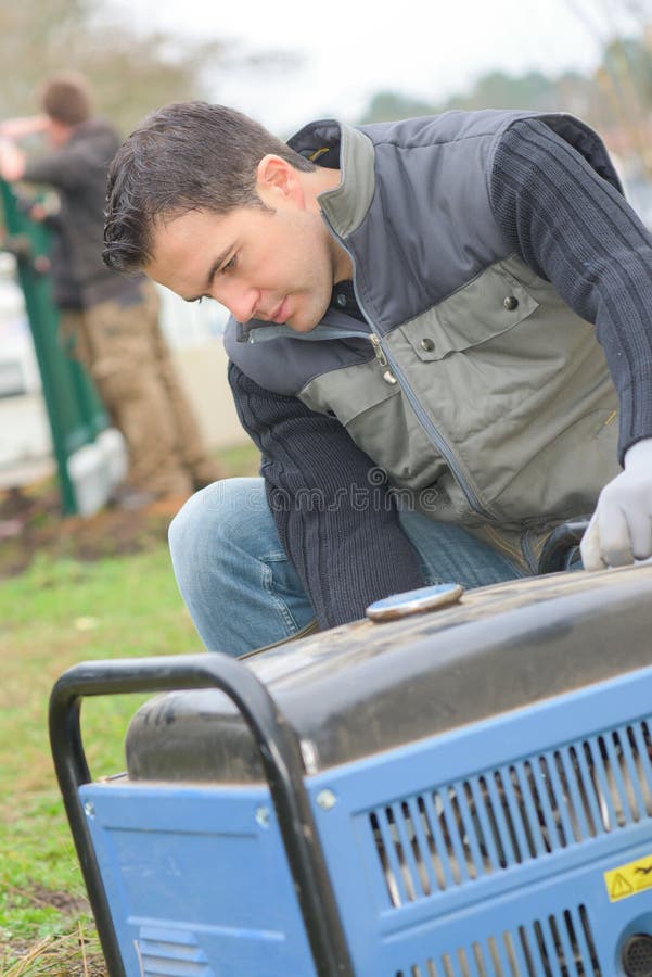Builder Turning on Mobile Generator Stock Image - Image of metal ...