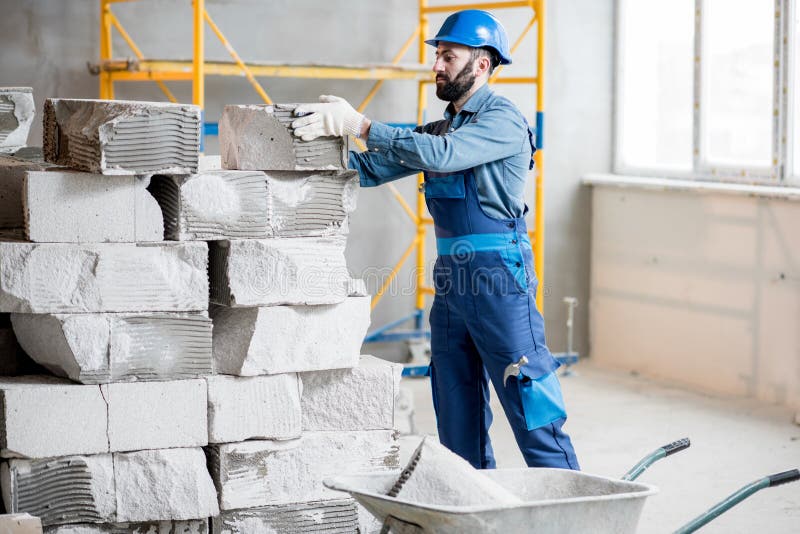 Builder Working with Blocks Indoors Stock Photo - Image of professional ...