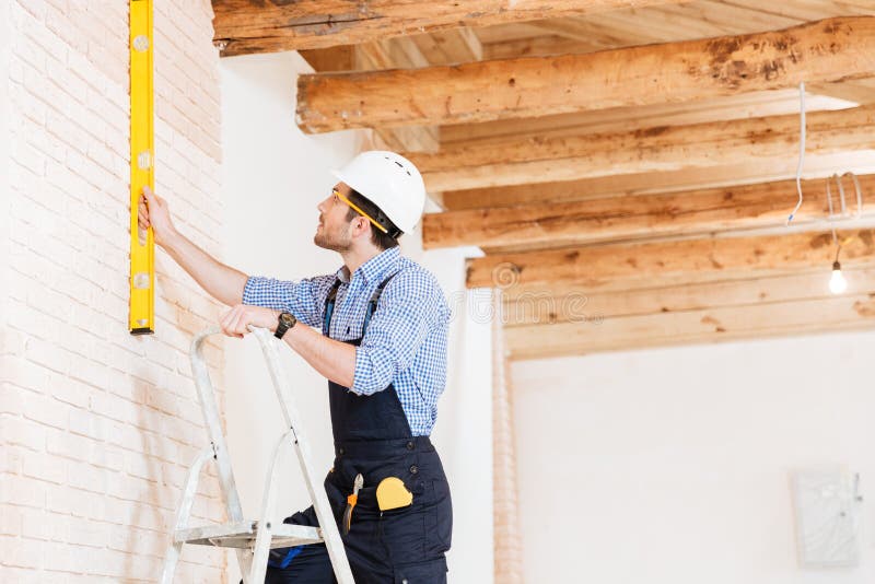 Builder Using Consruction Level and Standing N the Ladder Stock Image ...