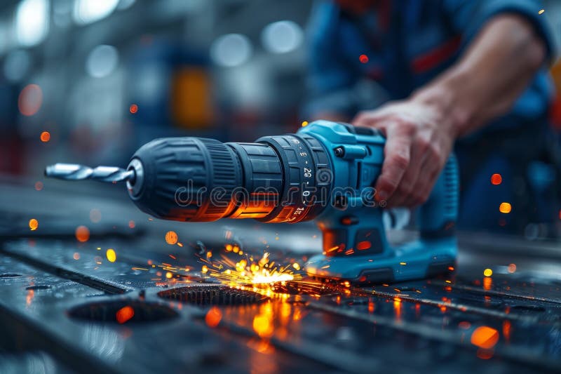 Builder Using Electric Drill for Repair Work Essential Equipment for ...