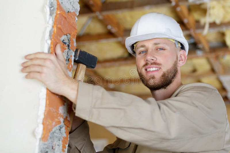 Builder Using Hammer on Brick Wall Stock Photo - Image of strength ...