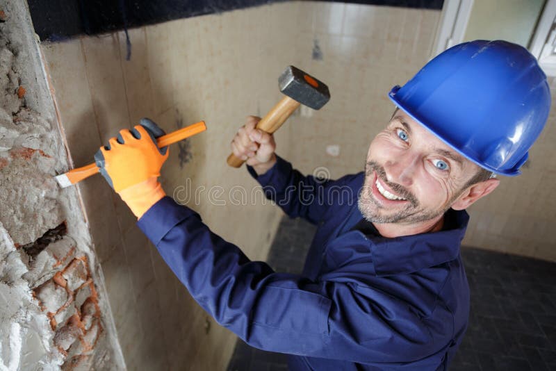 Builder Using Hammer and Chisel Stock Photo - Image of dirty ...