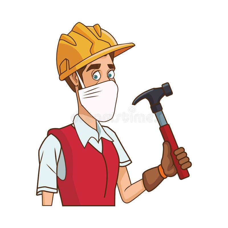 Builder Using Medical Mask with Hammer Stock Vector - Illustration of ...