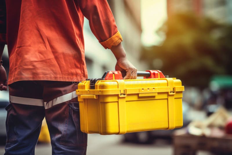A Builder is Walking Down the Street, Carrying a Bright Yellow Tool Box ...