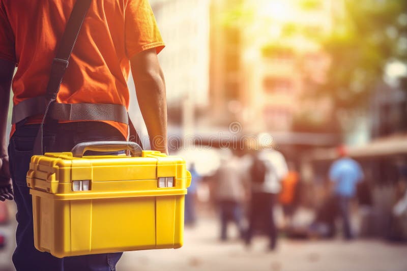 A Builder Walking Down the Street while Carrying a Yellow Tool Box ...