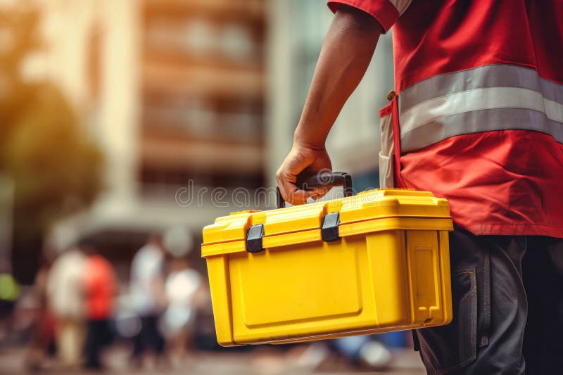 A Builder Walking Down the Street while Carrying a Yellow Tool Box ...