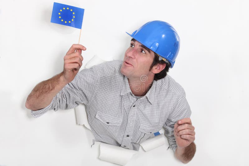 Builder Waving a European Flag Stock Photo - Image of occupation ...