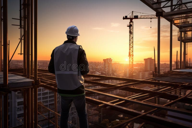 Builder Wearing Hard Hat Stands at the Top of the Building and Looks at ...