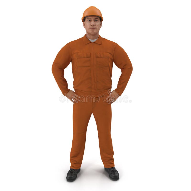 Builder Wearing Orange Coveralls Standing Pose. 3D Illustration ...
