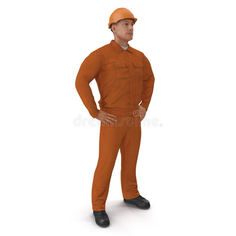 Builder Wearing Orange Coveralls Standing Pose. 3D Illustration ...
