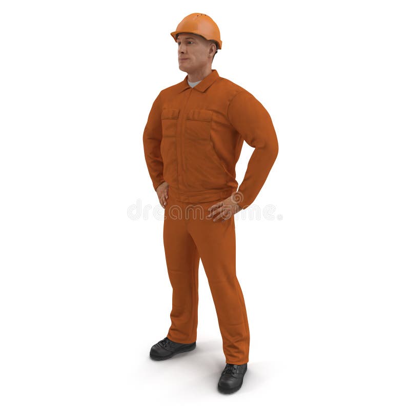 Builder Wearing Orange Coveralls Standing Pose. 3D Illustration ...