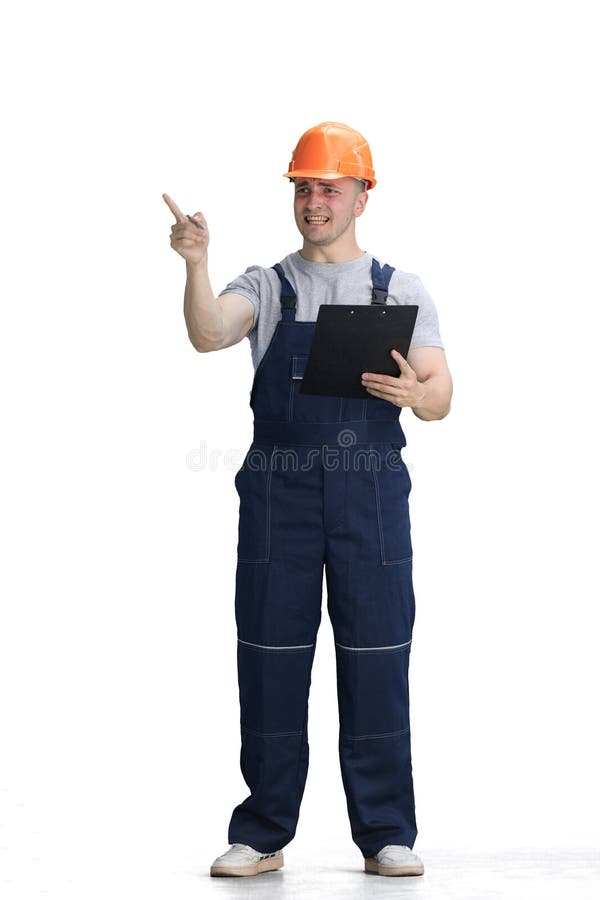 The Builder, on a White Background, in Full Height, Points To the Side ...