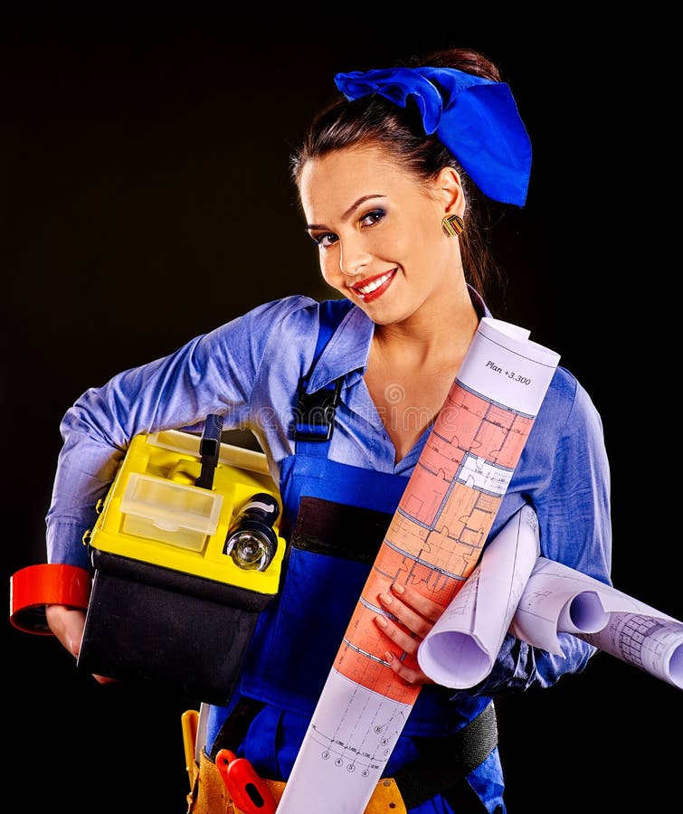 Builder Woman with Wallpaper Stock Photo - Image of construction ...