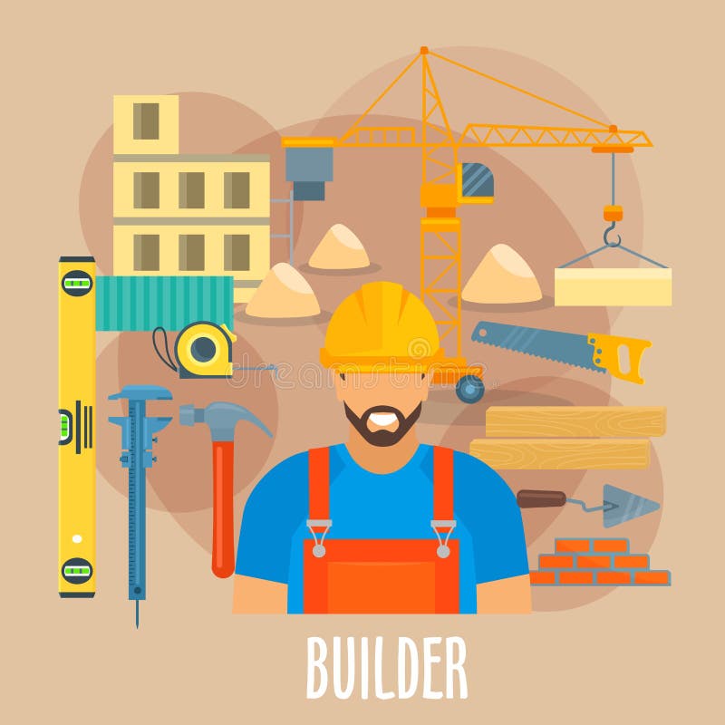 Builder Worker with Building Work Tools Poster Stock Vector ...