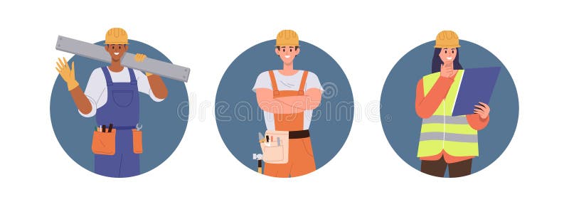 Builder and Worker Composition Set, Cartoon Engineer, Foreman and ...