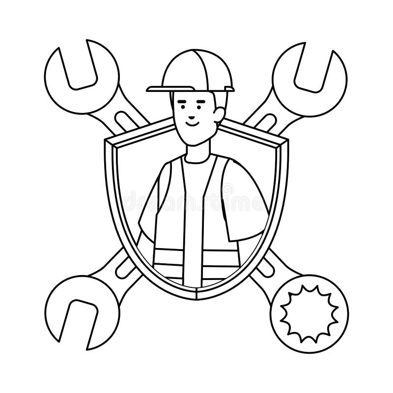Builder Worker with Helmet and Wrenches in Shield Stock Illustration ...