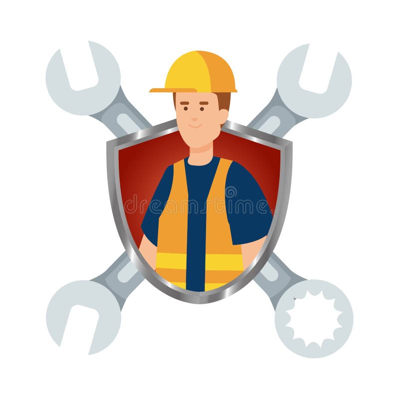 Builder Worker with Helmet and Wrenches in Shield Stock Vector ...
