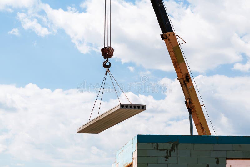 Builder Worker Installing Concrete Floor Slab Panel at Building ...