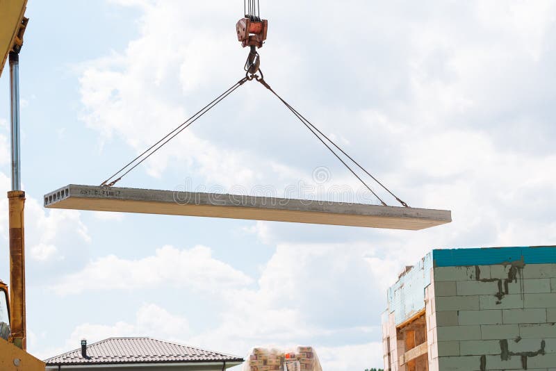 Builder Worker Installing Concrete Floor Slab Panel at Building ...