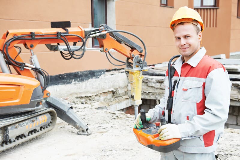 Builder Worker Operating Demolition Machine Stock Image - Image of ...