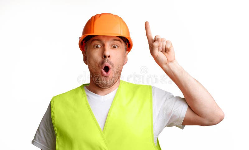 Builder Worker Pointing Finger Up Having Idea on White Background Stock ...