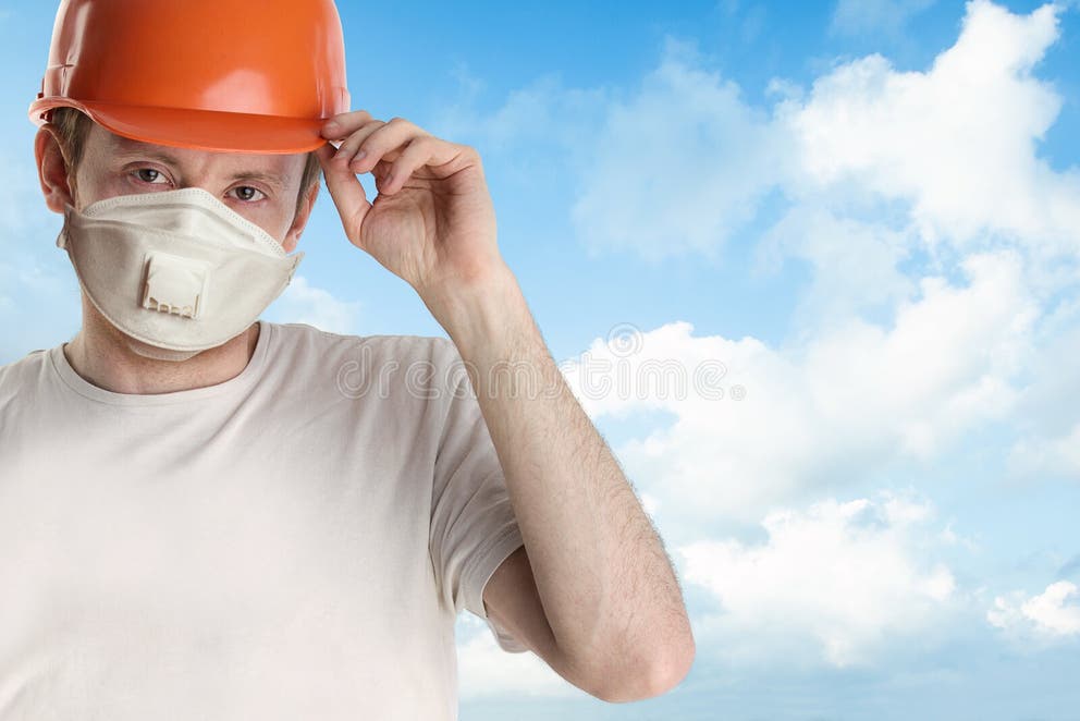 Builder Worker in Protective Mask and Helmet Stock Image - Image of ...