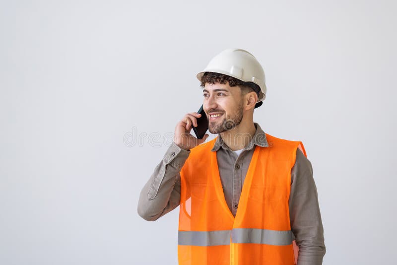 Builder or Worker Talking on Mobile or Architecture Advice on a White ...