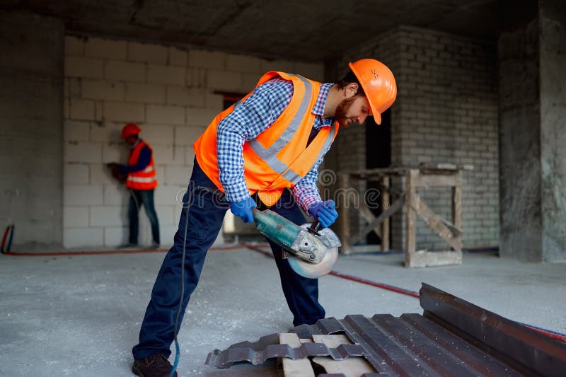 Builder Worker with Grinder Machine Cutting Metal Stock Image - Image ...