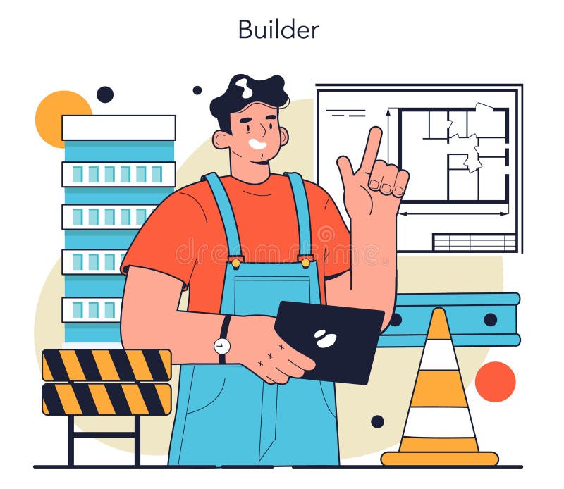 Builder. Workers Constructing House with Tools and Materials Stock ...