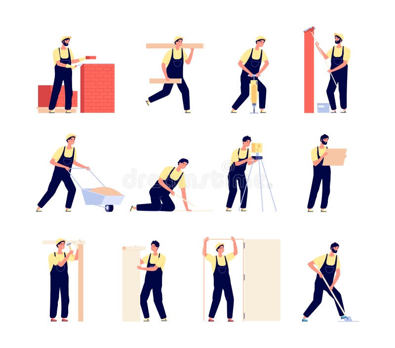Builder Workers. Construction Man in Helmet, Handyman Team. Flat Male ...