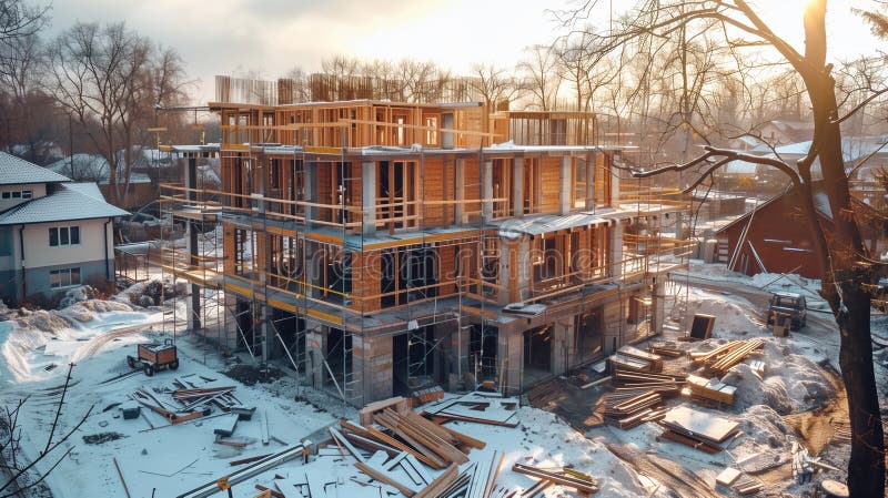 A Builder Works Diligently on a Snowy Construction Site, Focusing on ...