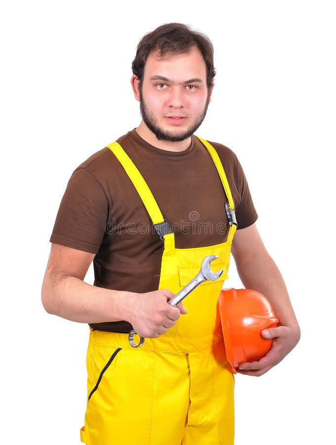 Builder with wrench stock image. Image of beard, white - 34599379