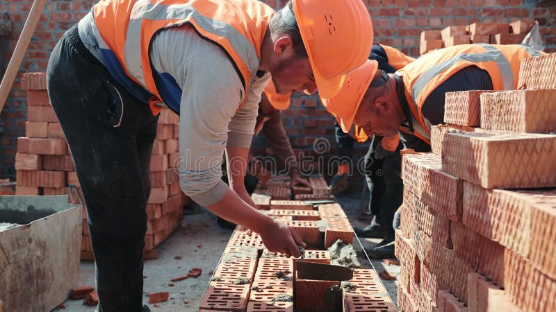 Builders Building a Brick Wall. Construction Work on Construction Stock ...