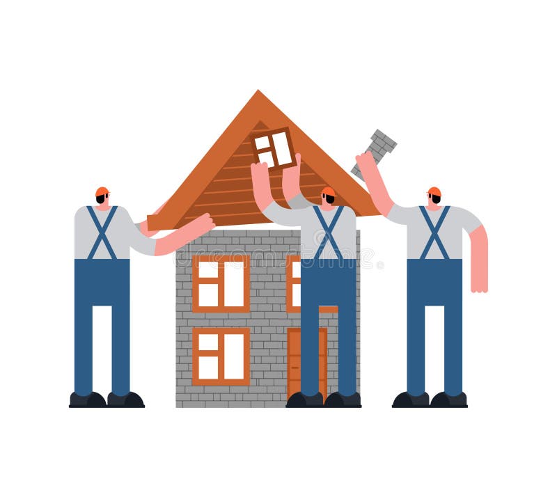 Builders Building House Cartoon. Illustration for Developers Stock ...