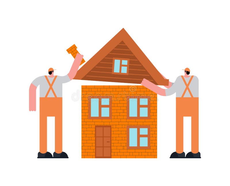 Builders Building House. Cartoon Style. Workers and Home. Walling and ...