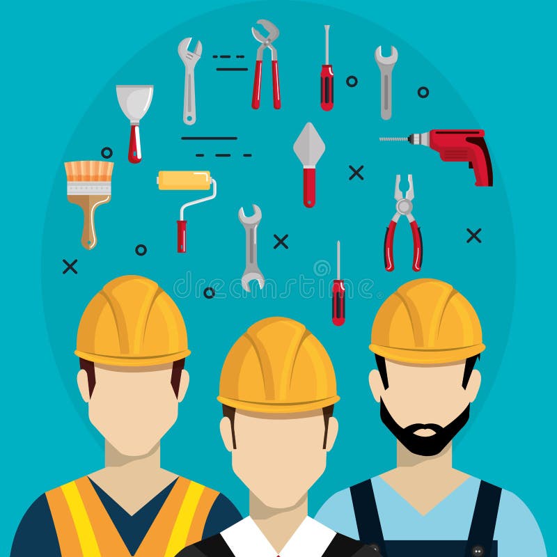 Builders Characters with Construction Equipment Stock Vector ...