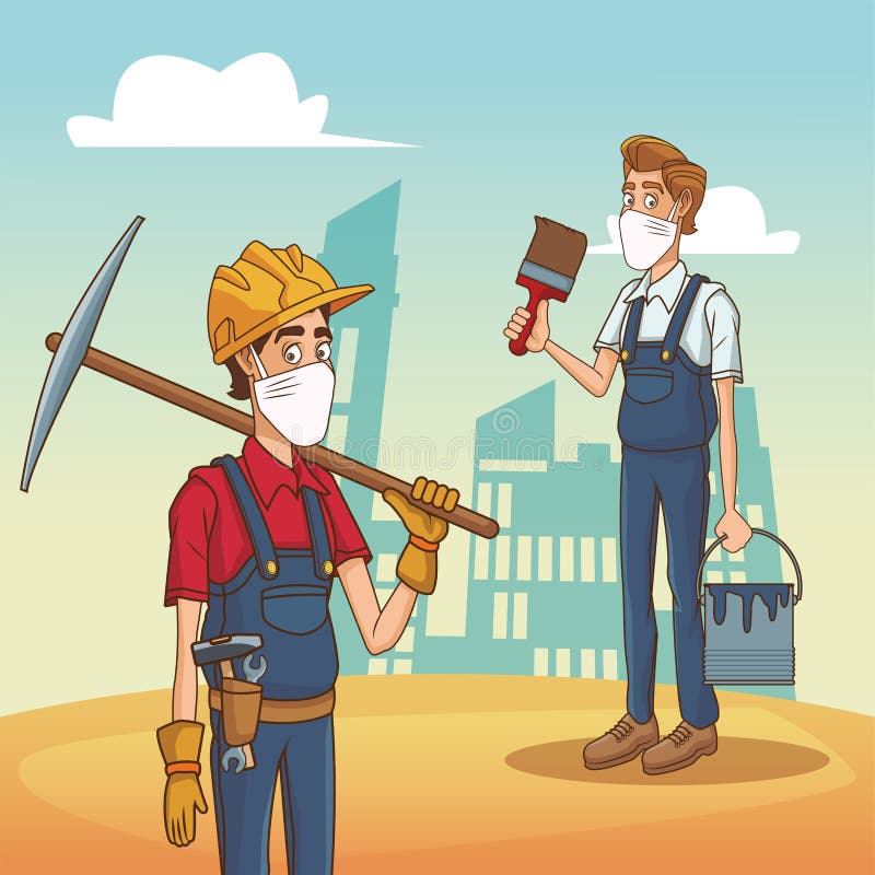 Builders Couple Using Face Mask for Covid19 Stock Vector - Illustration ...