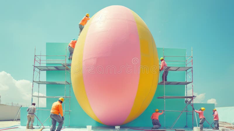 Builders Creating a Whimsical Easter Egg Sculpture - a Colorful and ...