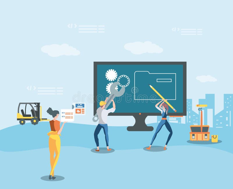 Builders and Desktop with Webpage Under Cosntruction Stock Illustration ...