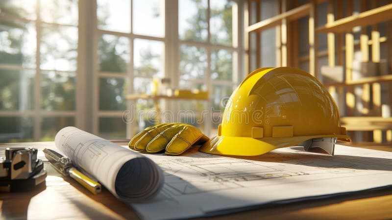 Builders Equipment with Blueprints, Protective Gloves, and a Helmet ...