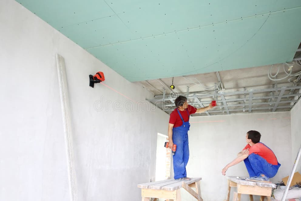 The Builders Install the Ceiling Profile in the Stock Image - Image of ...