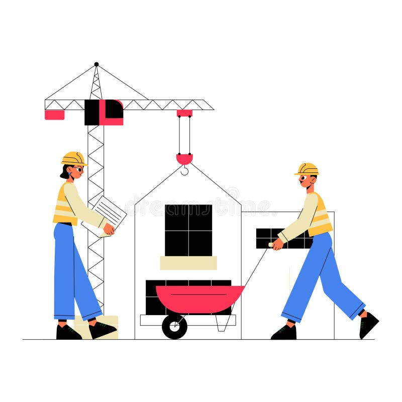 Builders Moving Construction Materials in Flat Vector Illustration ...