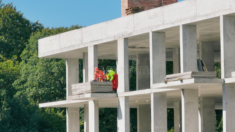 Builders are Unpacking a Large Cargo during the Construction of a House ...